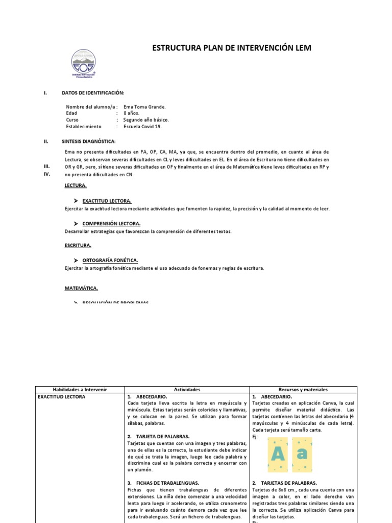 Estructura Plan de Intervención | PDF | Alfabeto | Comunicación humana