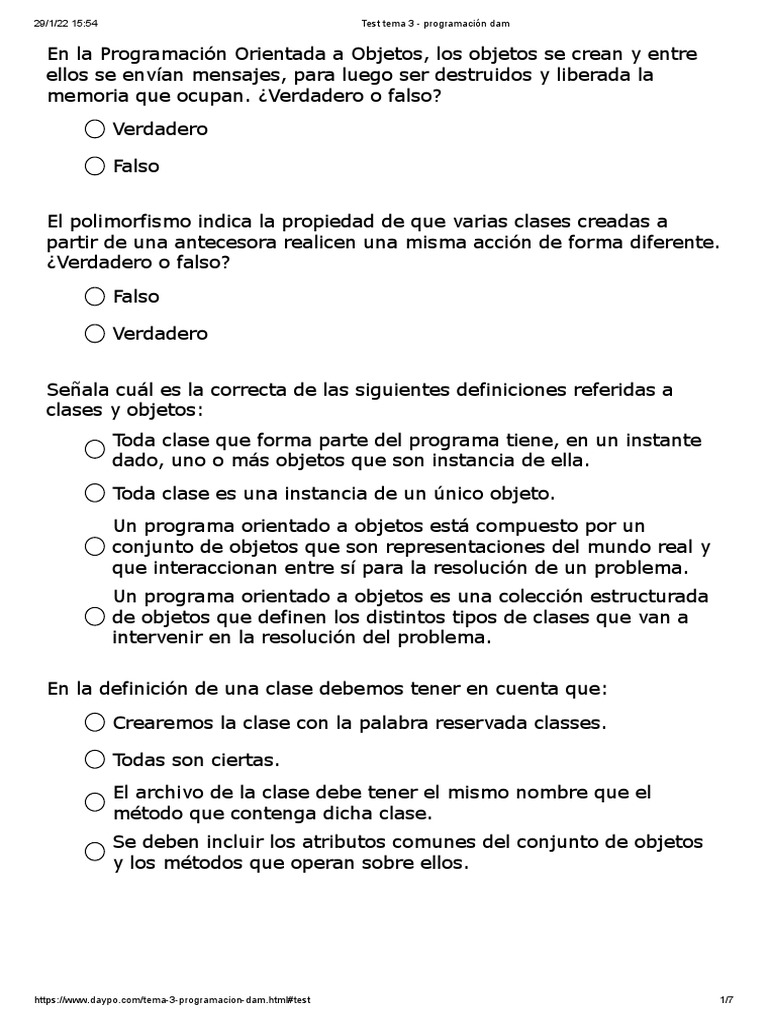 Test Tema 3 - Programación Dam | PDF | Objeto (informática) | Clase ...