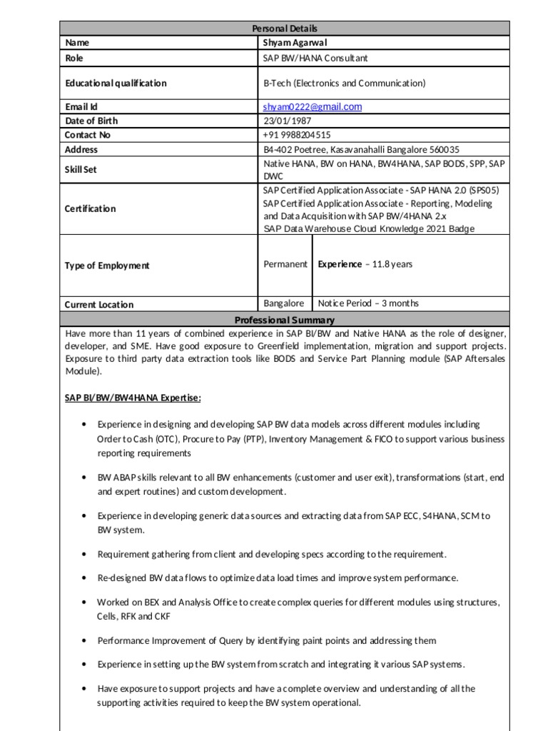 ShyamAgarwal - SAP BW Modelling - Bangalore | PDF | Variable (Computer ...