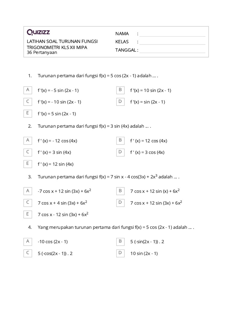 27092022-Latihan Soal Turunan Fungsi Trigonometri Kls Xii Mipa | PDF