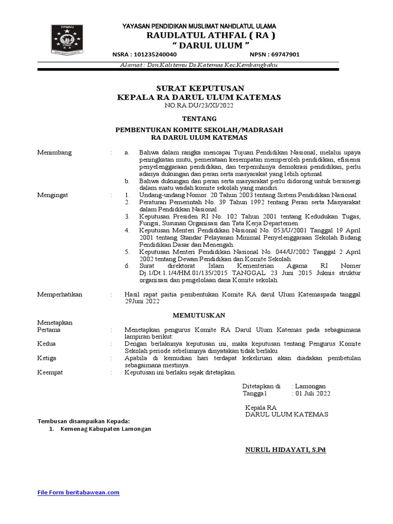 Contoh SK Komite Sekolah | PDF