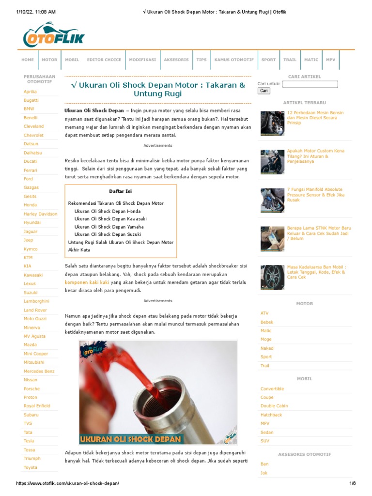 Ukuran Oli Shock Depan Motor - Takaran & Untung Rugi - Otoflik | PDF