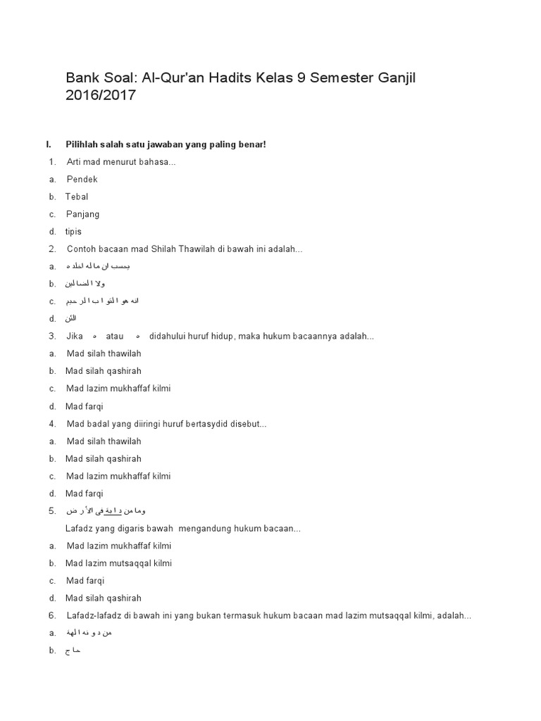 Bank Soal: Al-Qur'an Hadits Kelas 9 Semester Ganjil 2016/2017 | PDF | Seni & Disiplin Bahasa ...