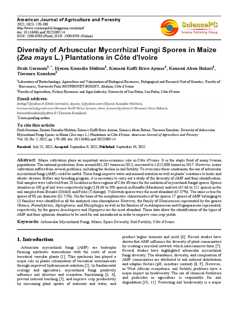 Diversity of Arbuscular Mycorrhizal Fungi Spores in Maize (Zea Mays L.) Plantations in Côte D ...