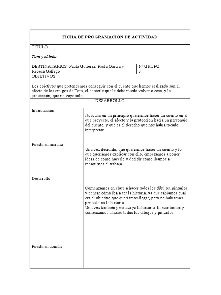 Tom y El Lobo.: Ficha de Programación de Actividad | PDF