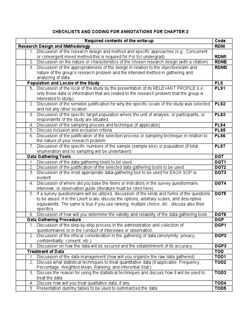 Checklists and Codings For Chapter 2 | PDF | Survey Methodology | Methodology