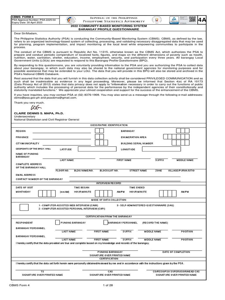 2022 Community-Based Monitoring System Barangay Profile Questionnaire | PDF