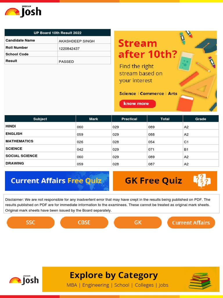 Up Class 10 Result | PDF