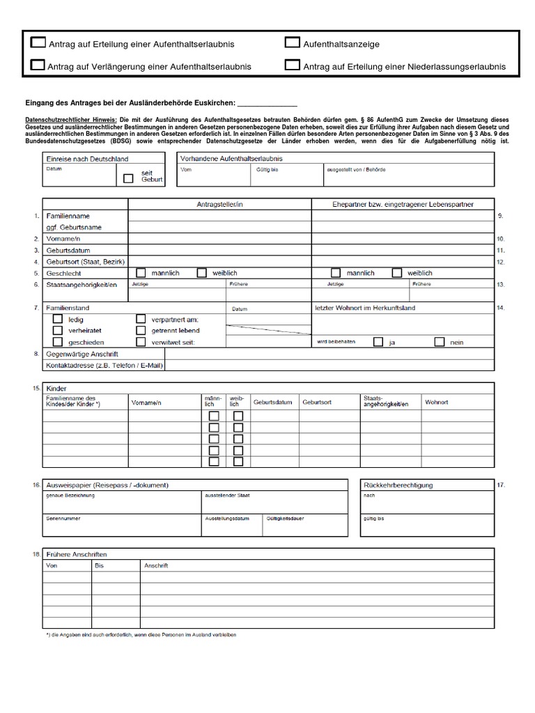 Antrag Auf Erteilung Verlaengerung Eines Aufenthaltstitels | PDF
