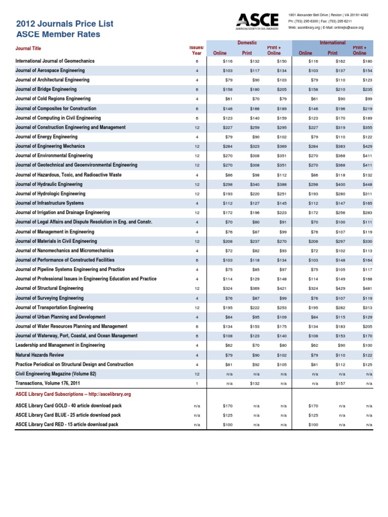 ASCE 2012 Journals Price List (Members) | PDF | Academic Journal ...