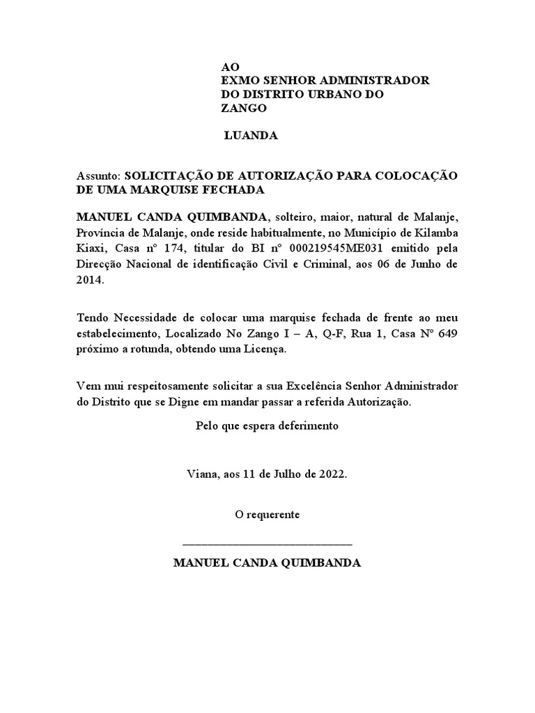 AO Exmo Senhor Administrador Do Distrito Urbano Do Zango Luanda | PDF