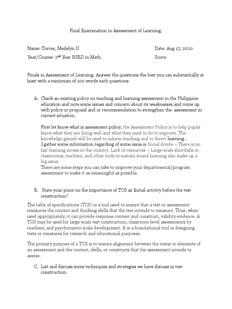 Torres - Final Examination in Assessment of Learning. | PDF ...