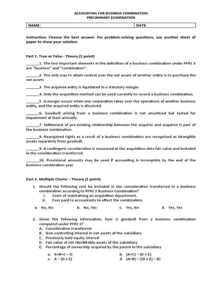 Accounting For Business Combination - Practice Exam | PDF | Goodwill (Accounting ...