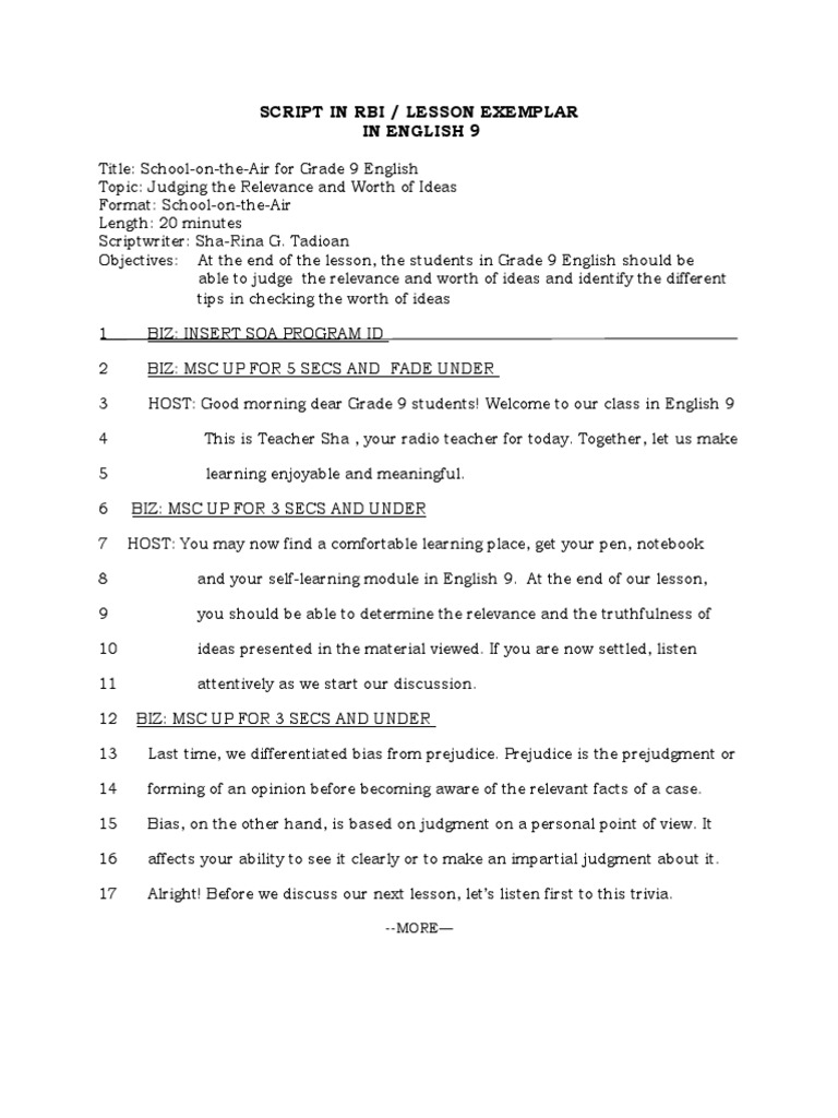 Script..lesson Exemplar in English 9 | PDF | Communication | Television