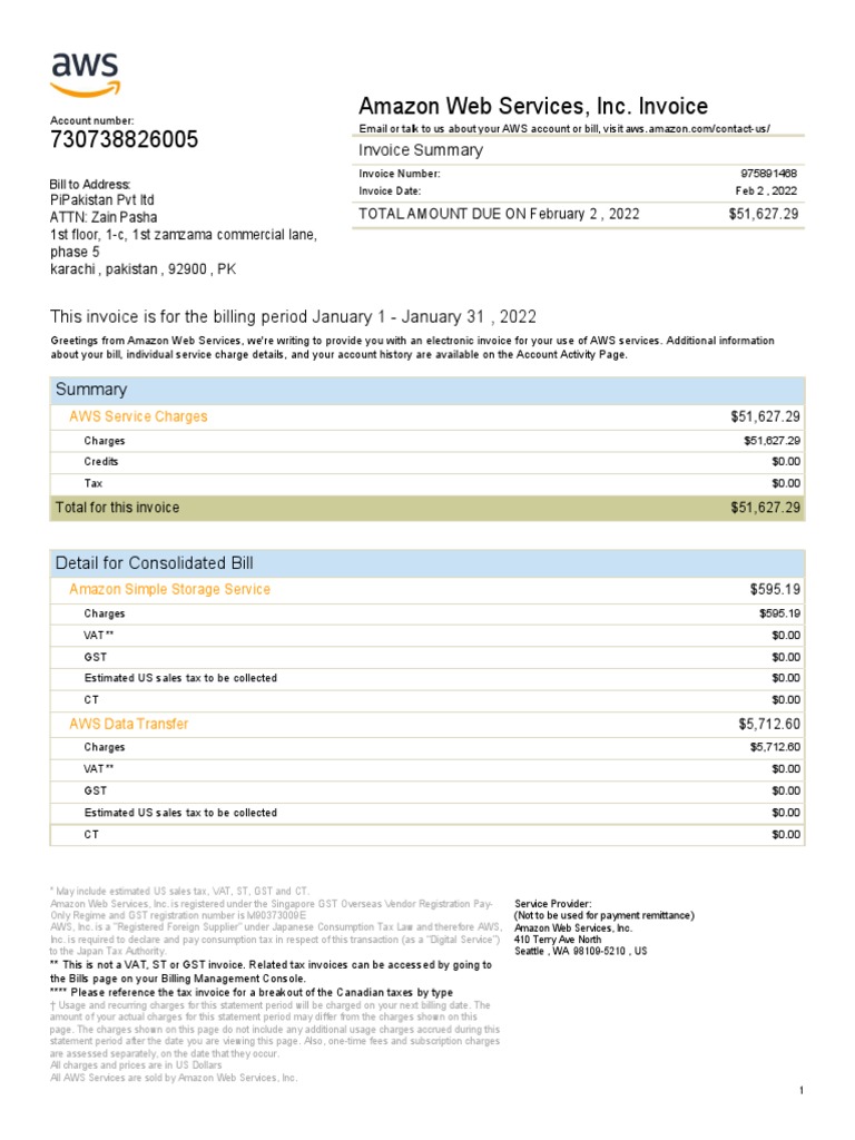 AWS Invoice Summary for January 2022 | PDF | Value Added Tax | Invoice