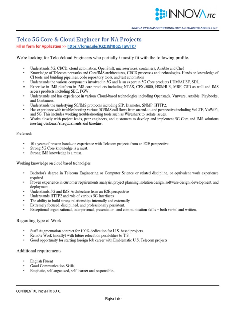 INNOVA-ITC - Telco 5G Core & Cloud Engineer For NA Projects | PDF | Ip ...
