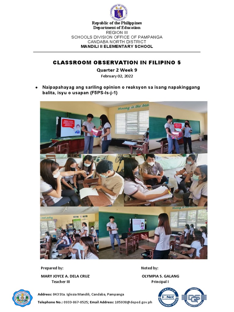 Classroom Observation In Filipino Math 2021 2022 Pdf Philippines