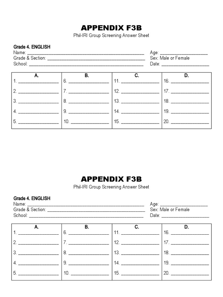 Grade 4 Phil-IRI Answer Sheet | PDF