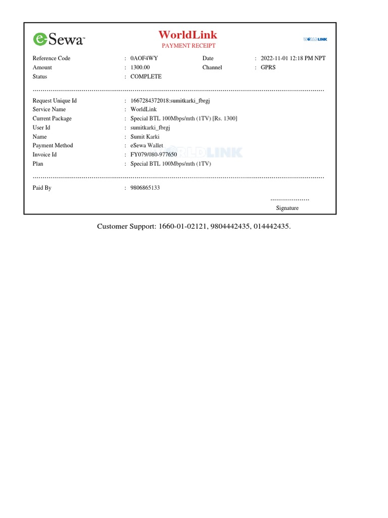 WorldLink Payment Receipt - 100Mbps Plan | PDF | Finance & Money ...