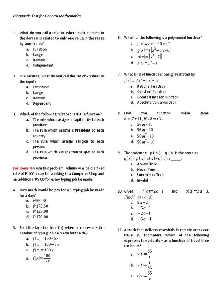 Diagnostic Test General Mathematics | Download Free PDF | Function ...