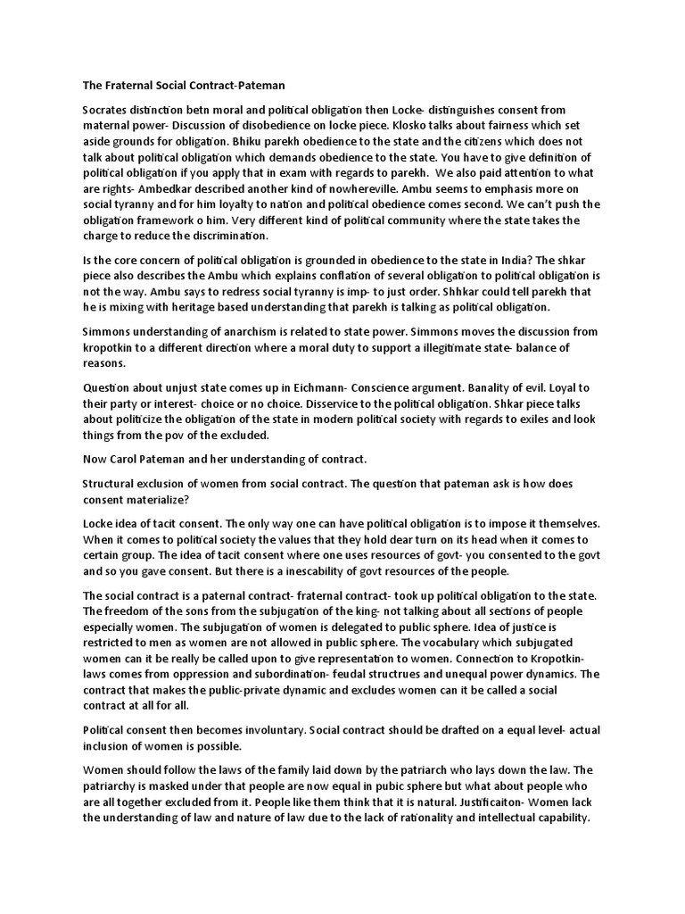 Pateman's Critique of the Social Contract | PDF | Patriarchy | Ideologies