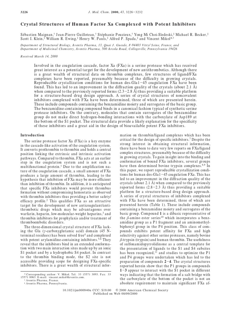 Crystal Structures of Human Factor Xa Complexed With Potent Inhibitors ...