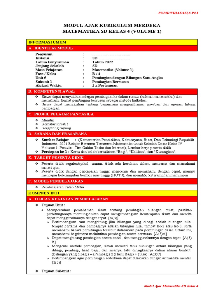 Modul Ajar MTK Unit 5 Kelas 4 Semester 1 | PDF | Metode & Bahan Ajar | Pengembangan Diri