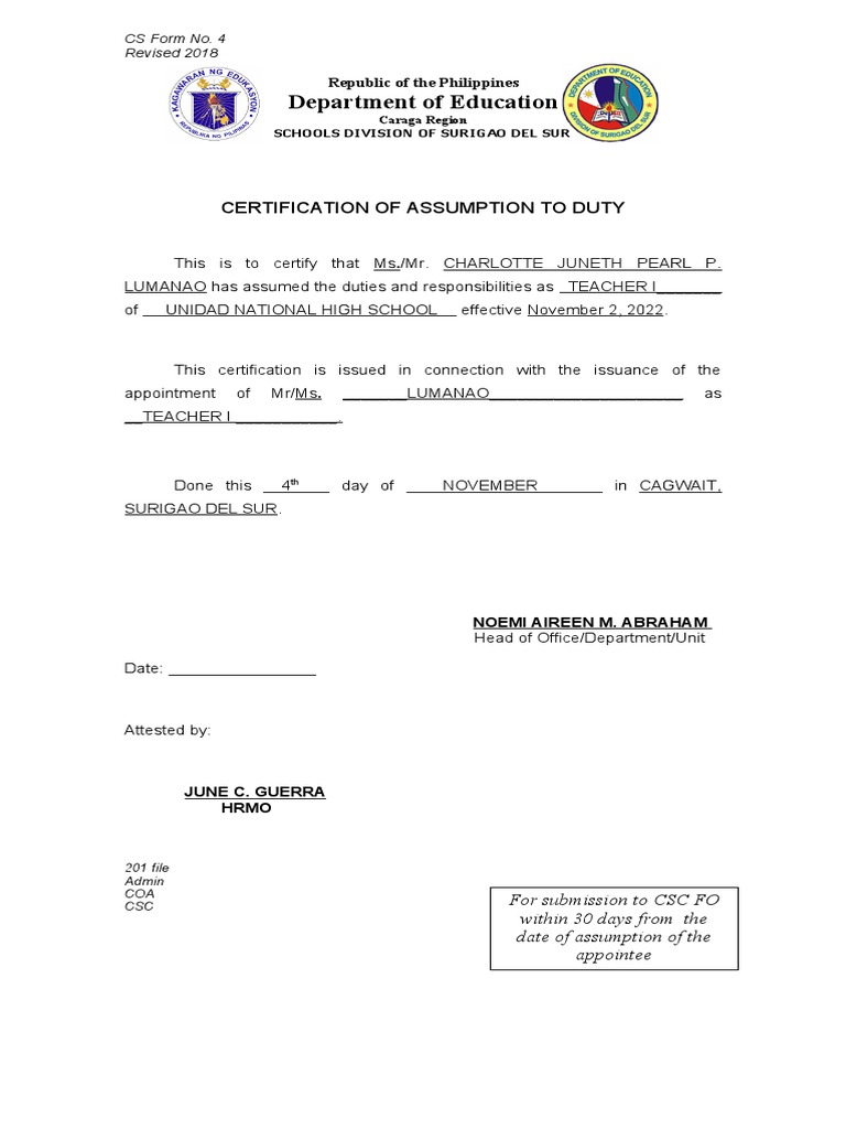 Certification of Assumption To Duty | PDF