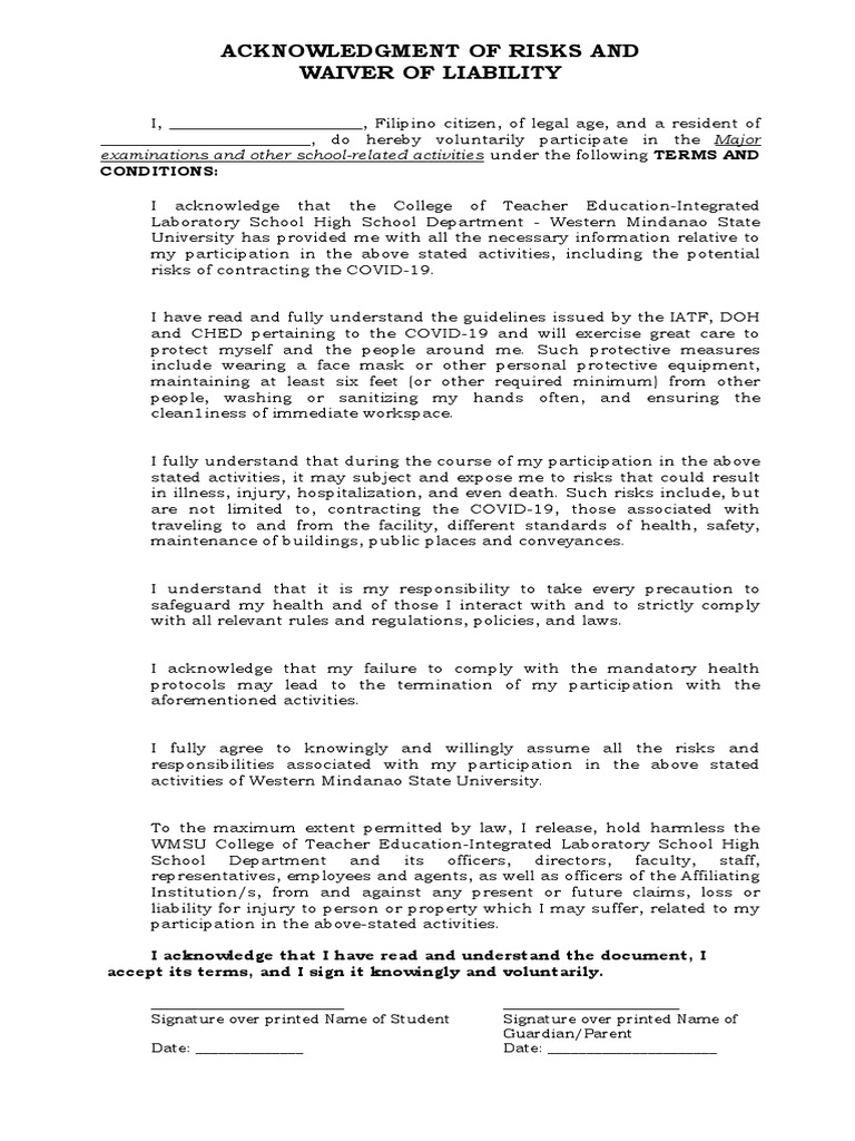 Ackowledgement of Risks and Waiver of Liability | PDF | Legal Liability ...