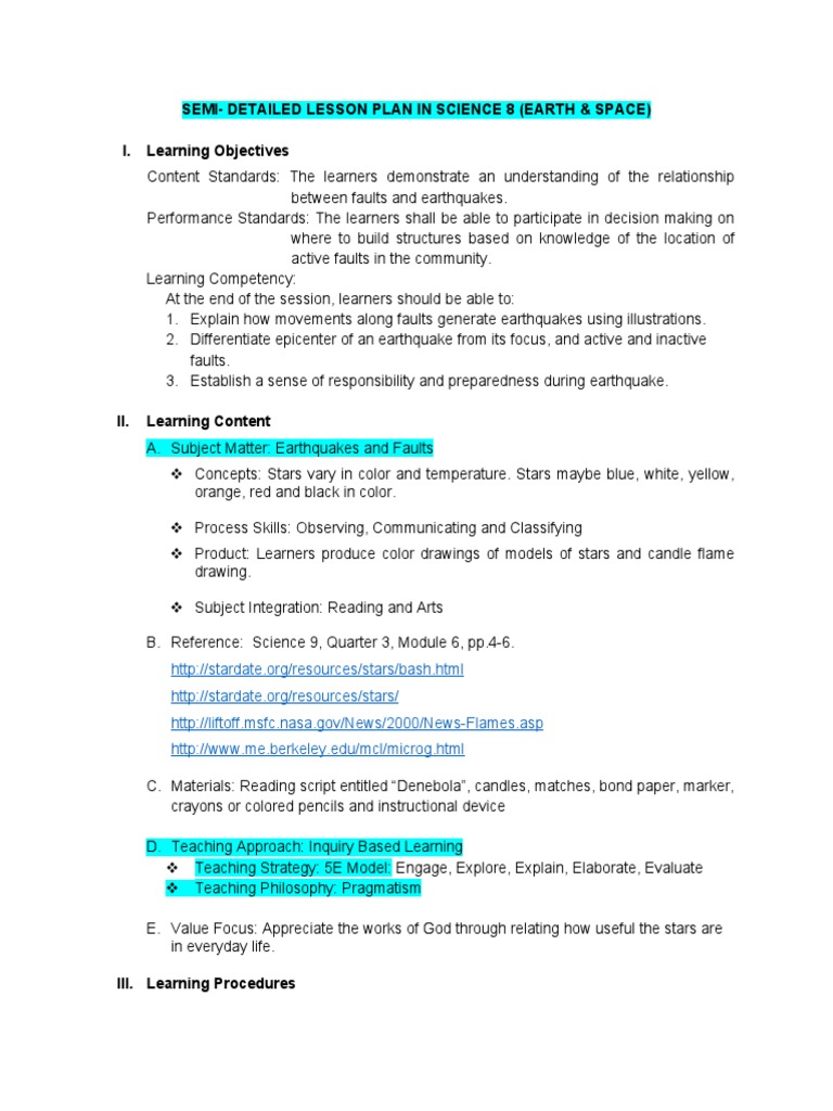 Semi Detailed Lesson Plan in The Characteristics of Star | PDF ...