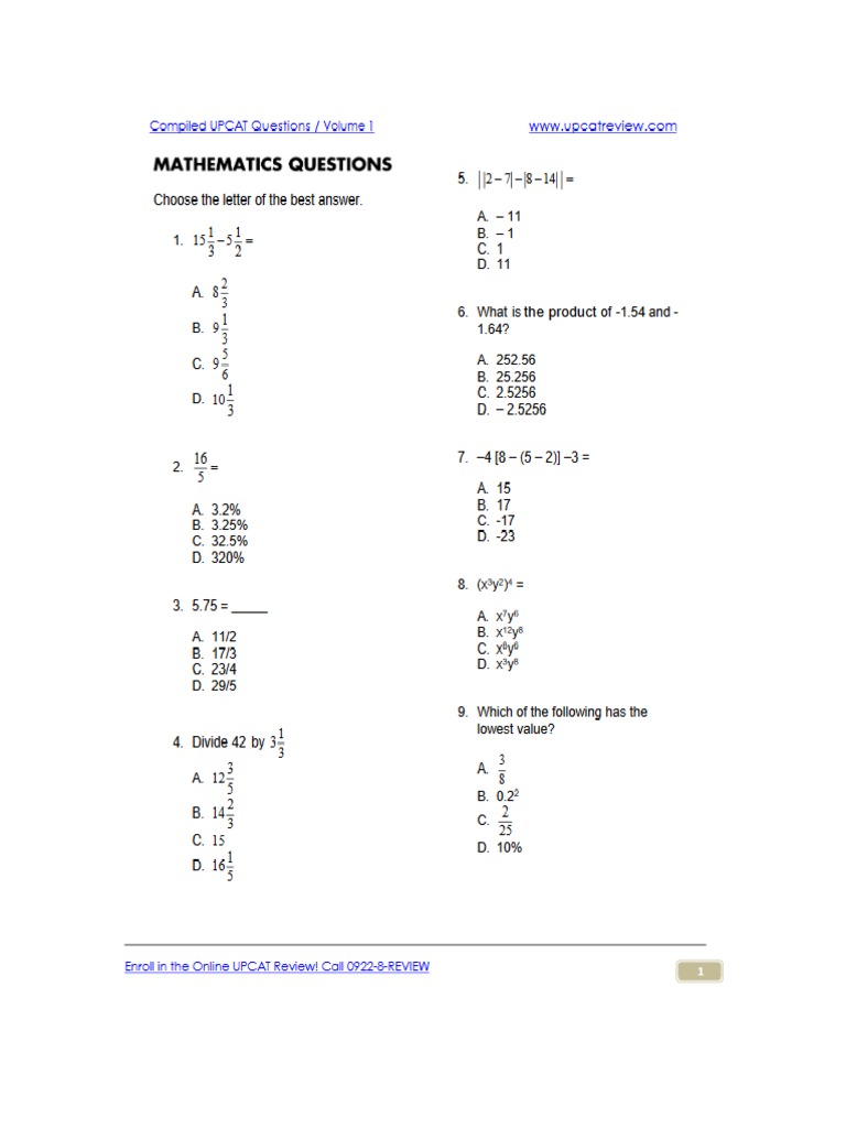 UPCAT Math Mock Exam | PDF