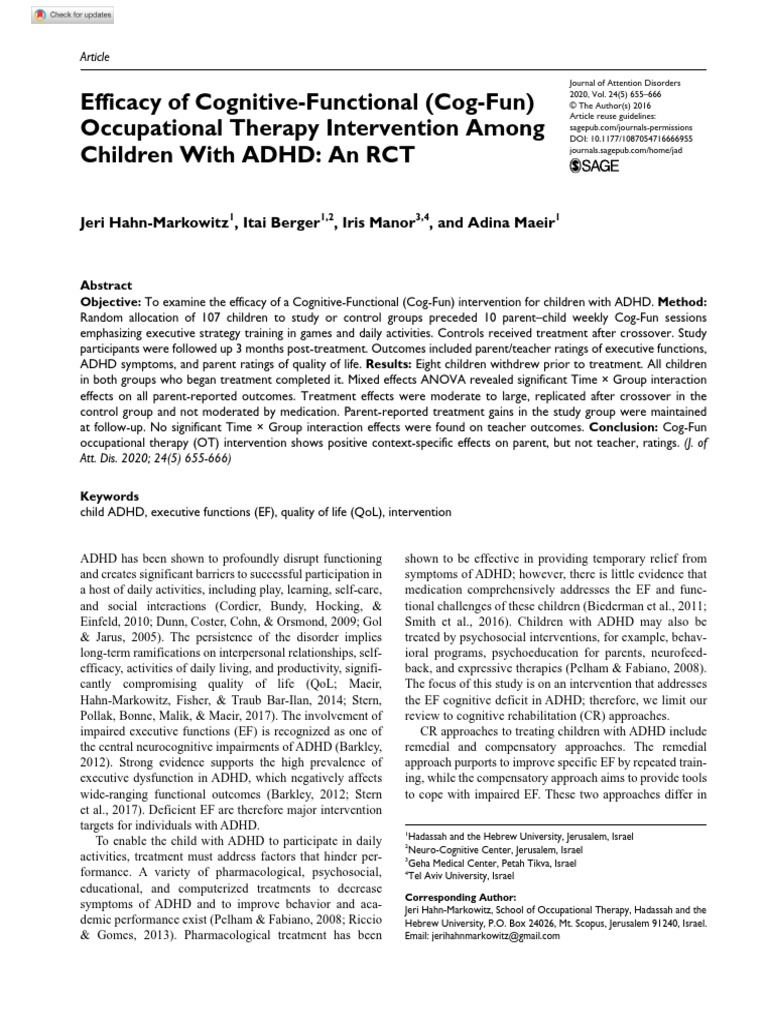 Efficacy of Cognitive-Functional (Cog-Fun) Occupational Therapy Intervention Among Children With ...