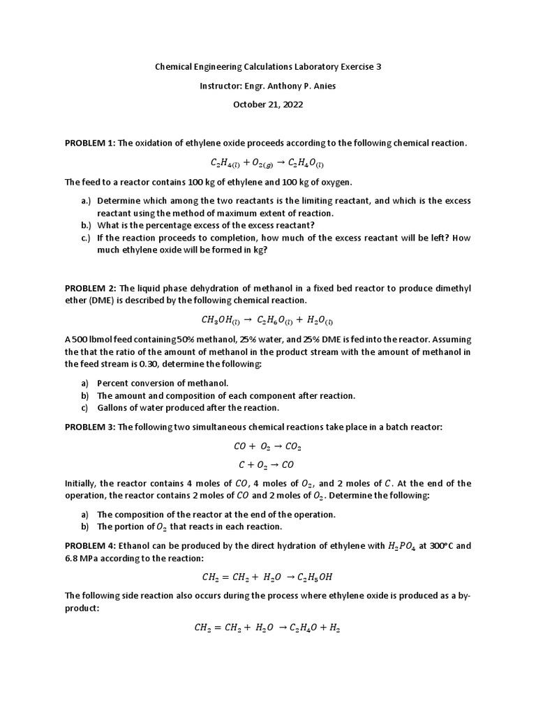 Laboratory Exercise 3 - AdU1sAY2223 - ANIES | PDF | Chemical Reactor ...