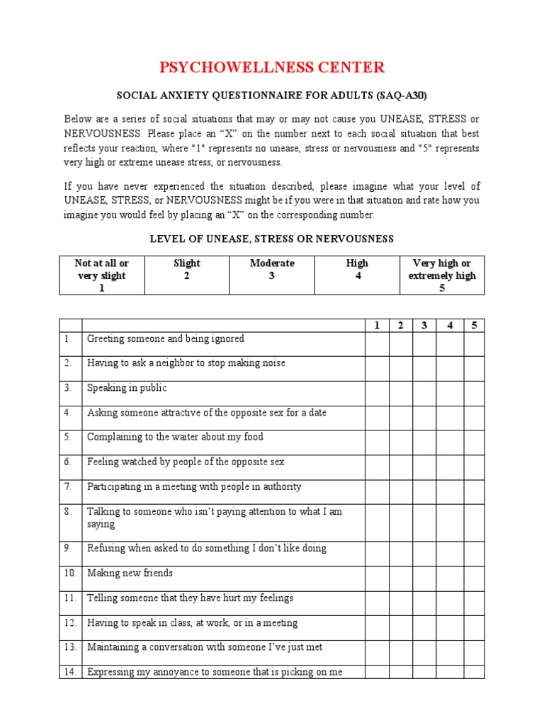 Social Anxiety Questionnaire For Adults (Saq-A30) | PDF | Anxiety ...