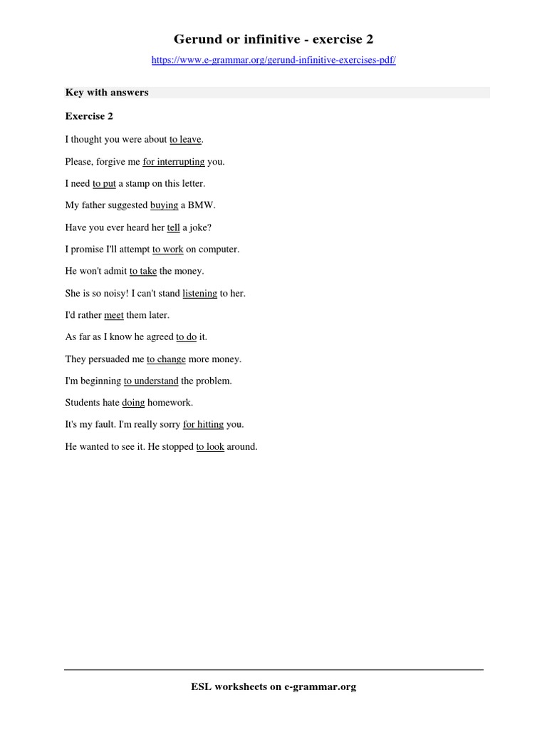 ESL Gerund vs. Infinitive Practice | PDF