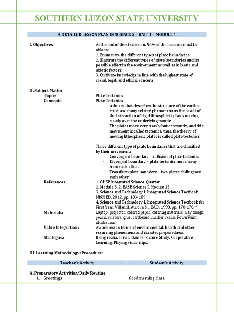 Grade 10 Plate Tectonics Lesson Plan | PDF | Plate Tectonics | Earth ...