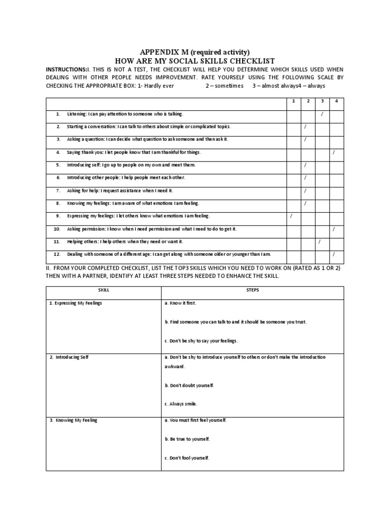 APPENDIX M-Social Skills Acty | PDF | Feeling | Social Psychology
