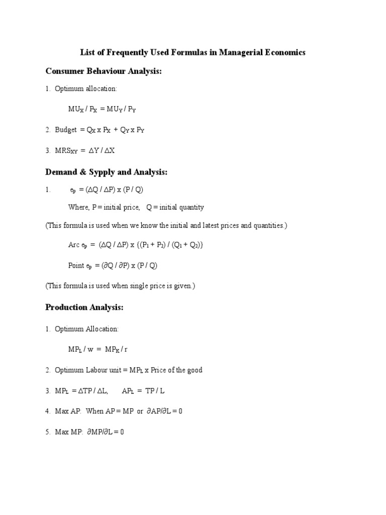 Managerial Economics Formulas Guide | PDF | Price Elasticity Of Demand ...
