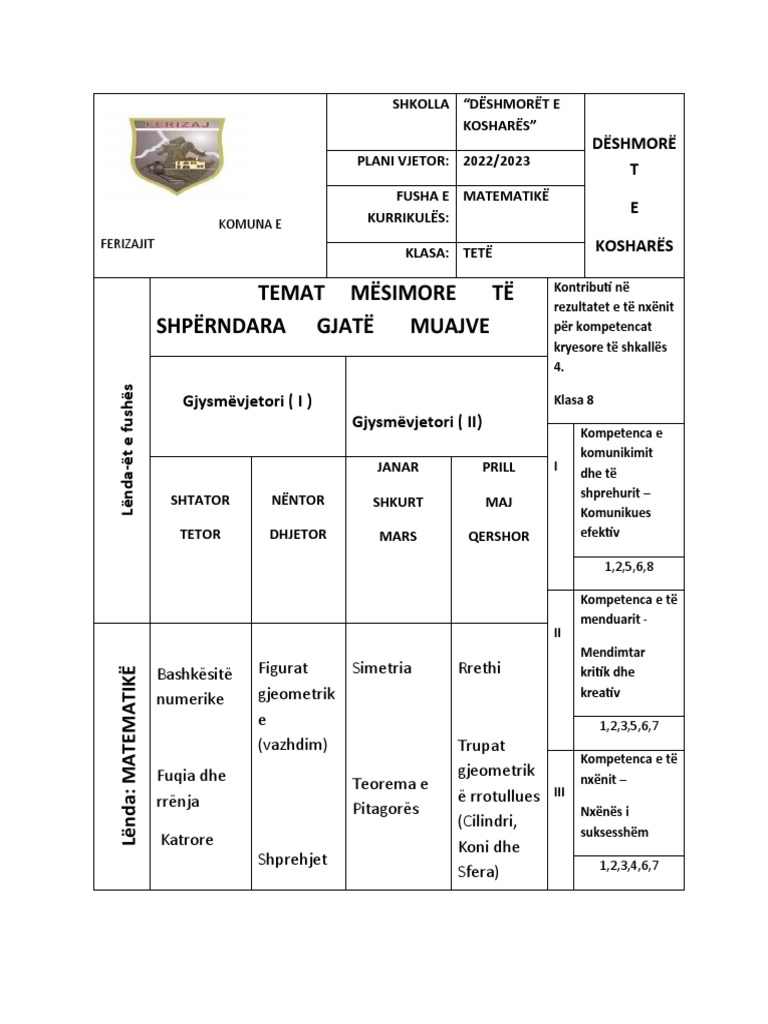 Plani Vjetor Matematike | PDF