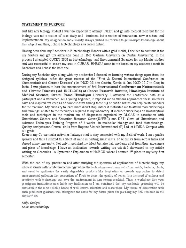 Statement of Purpose | PDF | Biotechnology | Science