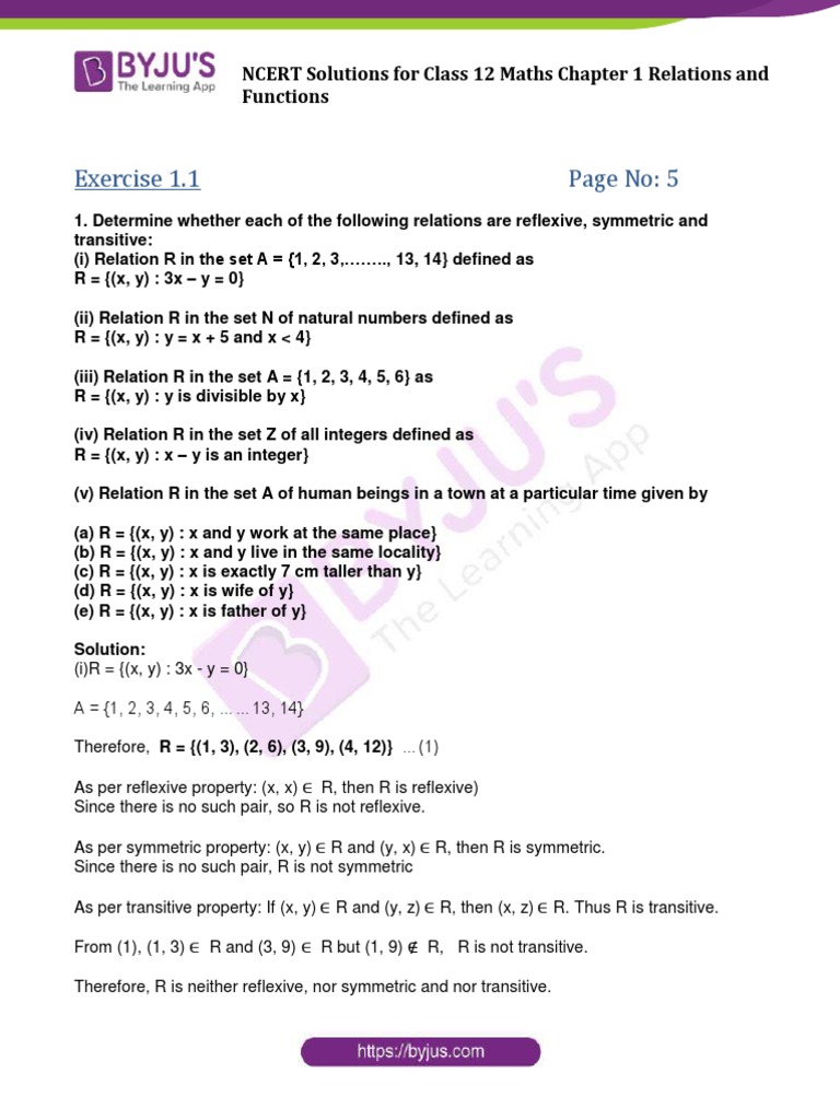 NCERT Solutions For Class 12 Maths Chapter 1 Relations and Functions Exercise 1.1 | PDF ...