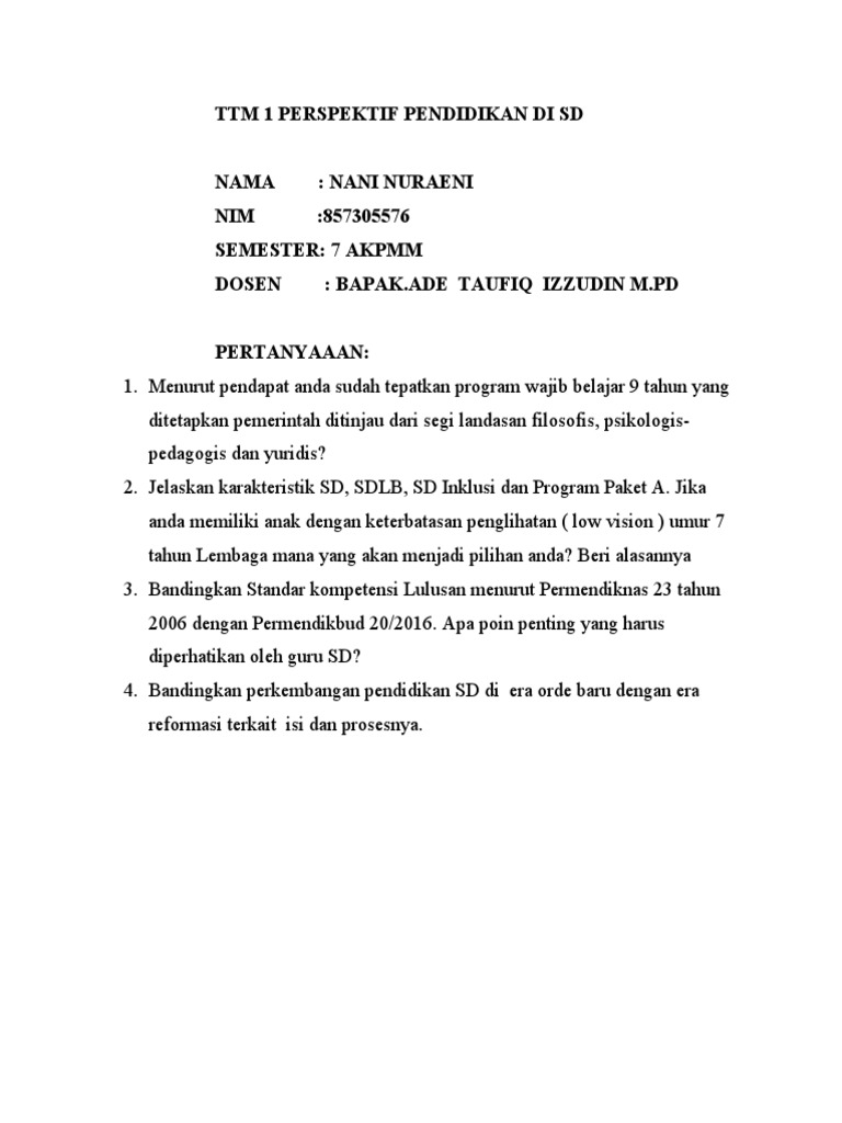 TTM 1 Perspektif Pendidikan Di SD (Shinta Amaliana 857305386) | PDF | Kesehatan Holistik | Sains ...