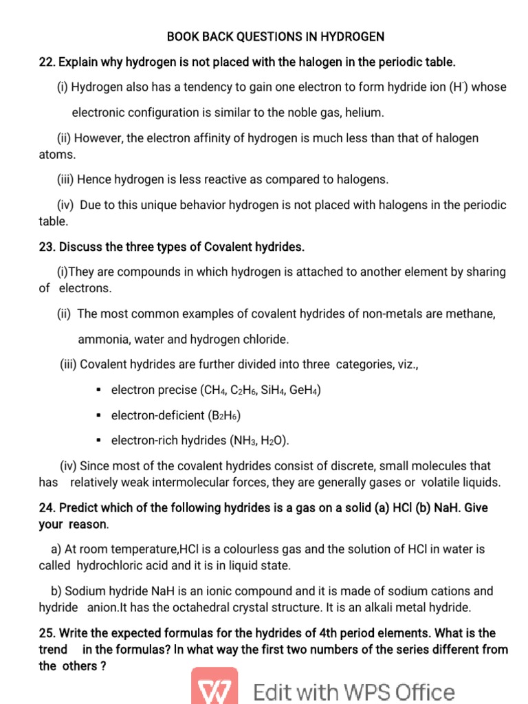 Hydrogen-Book Back Questions | PDF | Hydride | Hydrogen