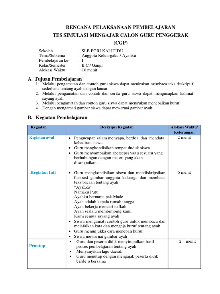 RPP Tunagrahita Kls 2 SLB Pgri Kalitidu | PDF | Seni & Disiplin Bahasa