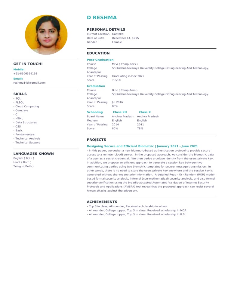 D RESHMA Resume | PDF | Security | Computer Security