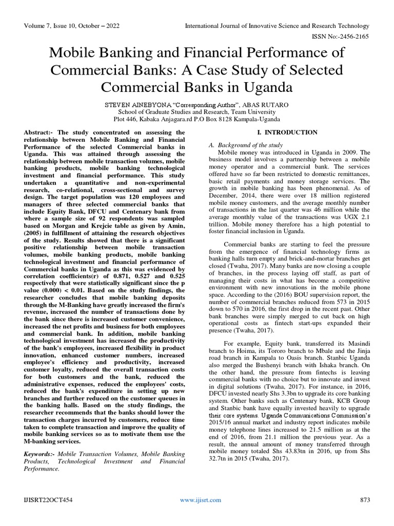 Mobile Banking and Financial Performance of Commercial Banks A Case Study of Selected Commercial ...
