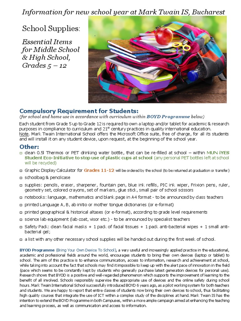 School Supplies Checklist - Grades 5-12 | PDF | Schools | Educational ...