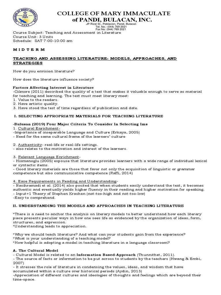 Models and Approaches in Teaching Literature | PDF | Learning | Language Acquisition