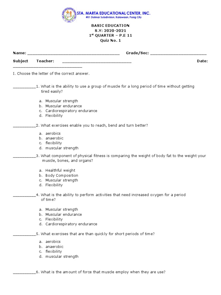 P.E 11 Quiz 1 | PDF | Physical Fitness | Skeletal Muscle