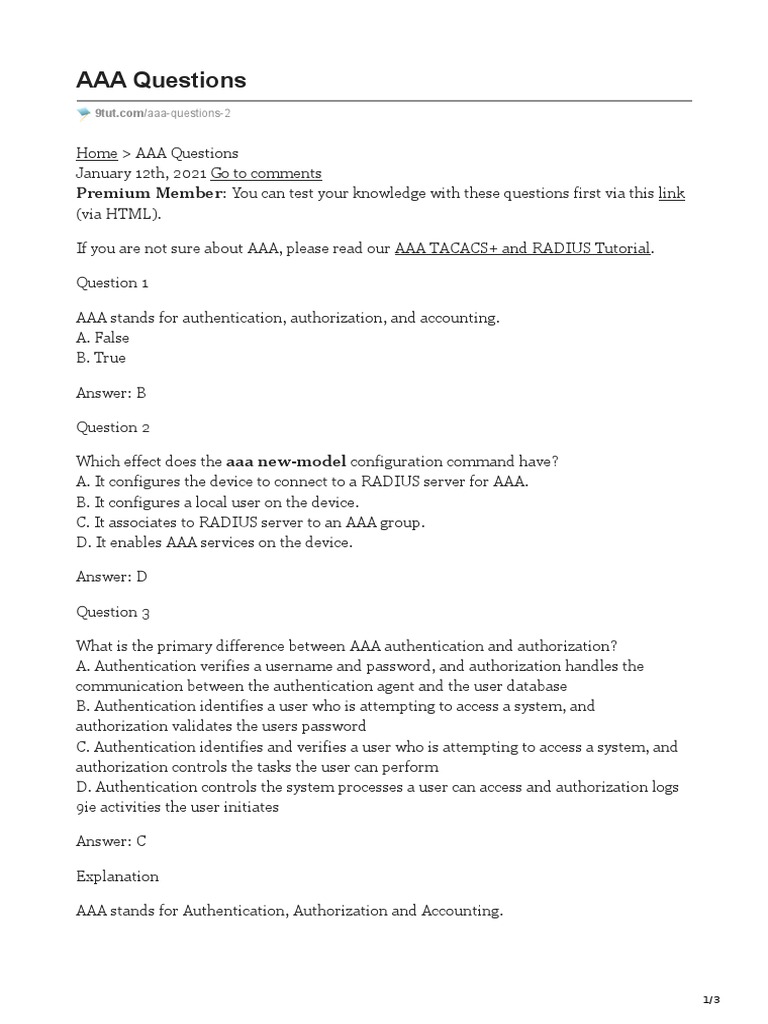 AAA Concepts and Quiz Questions | PDF | Radius | User (Computing)